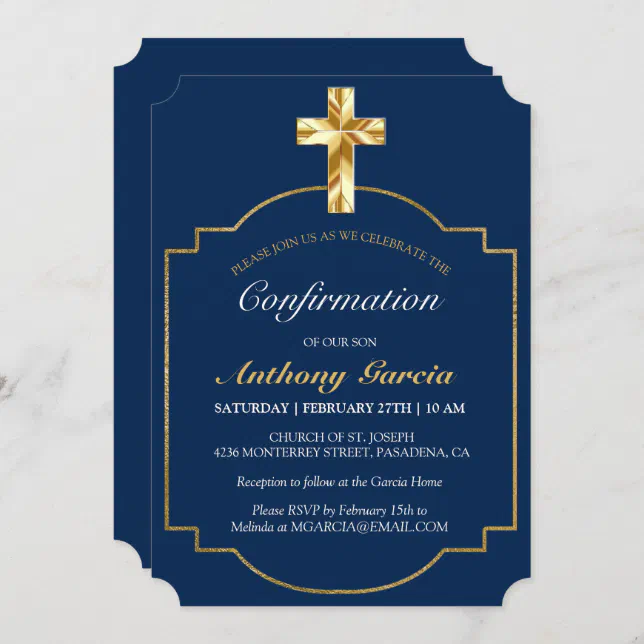 Elegant Blue Gold Cross Confirmation Invitation | Zazzle
