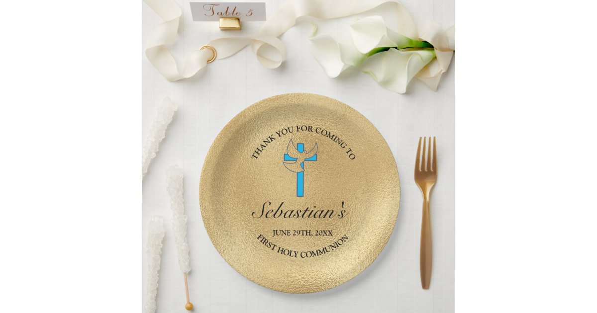 Elegant Blue Gold Cross First Communion Party Paper Plates | Zazzle