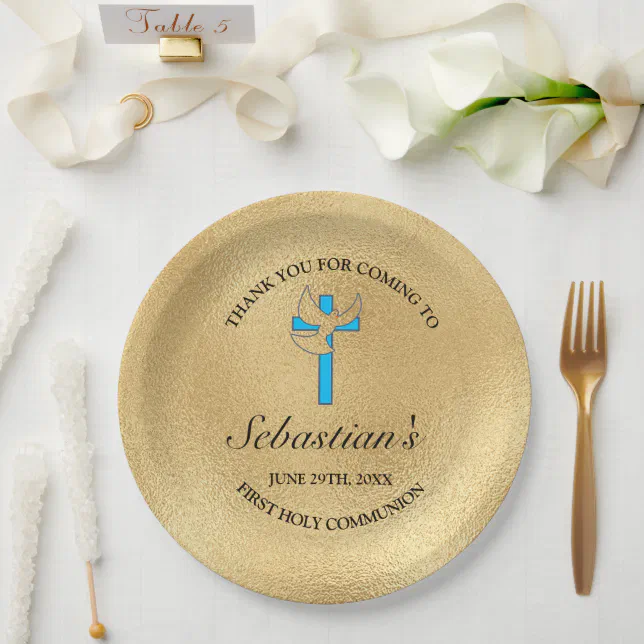 Elegant Blue Gold Cross First Communion Party Paper Plates | Zazzle