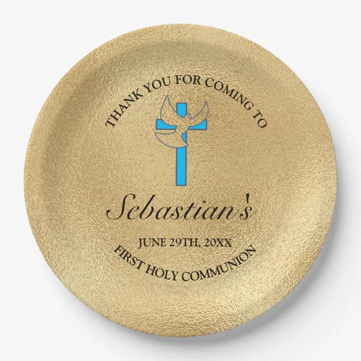 Elegant Blue Gold Cross First Communion Party Paper Plates | Zazzle