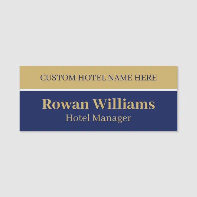 Elegant Blue Gold Custom ID Hotel Employee Name Tag | Zazzle