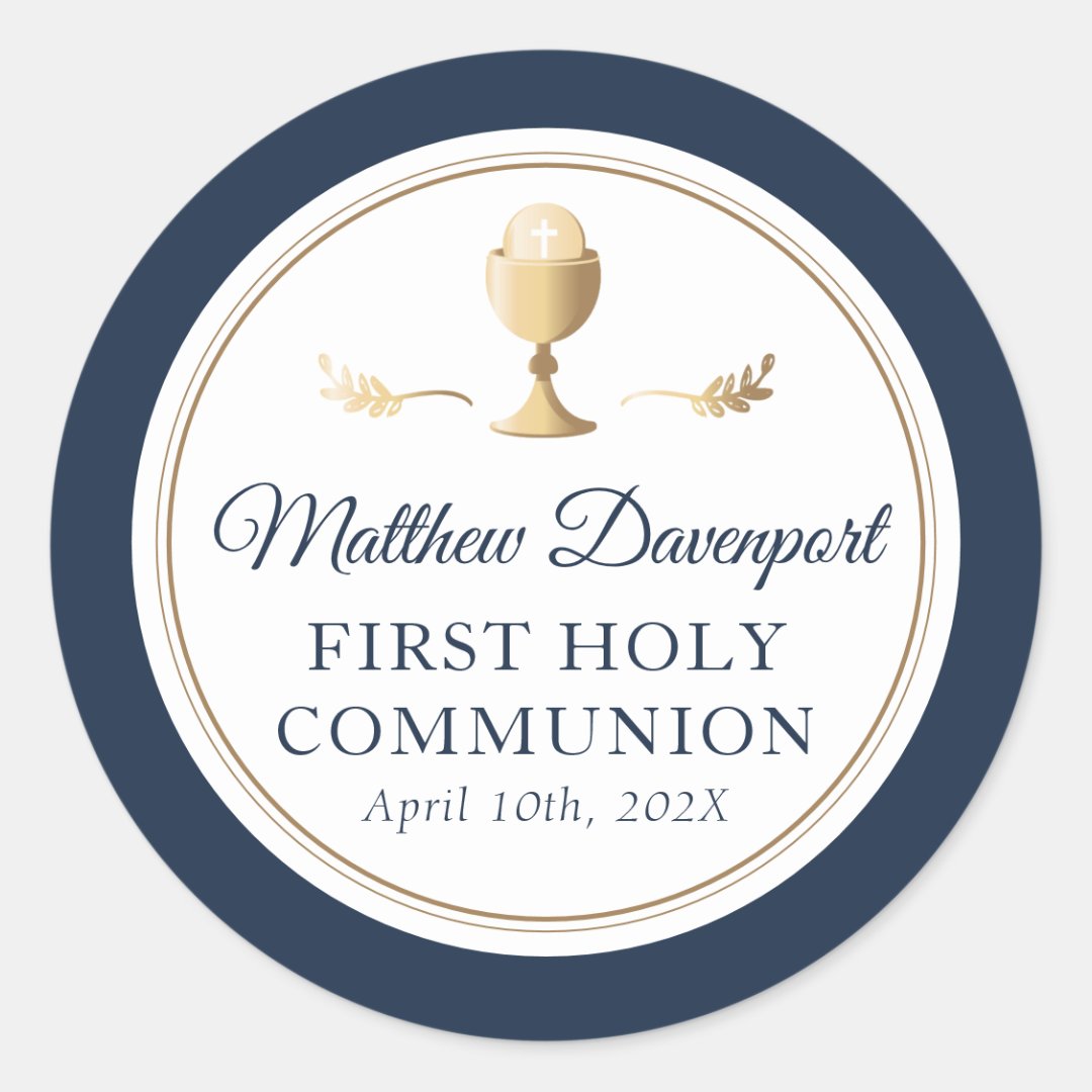 Elegant Blue Gold First Communion Favor Sticker | Zazzle