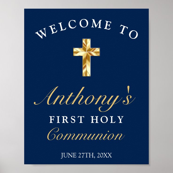 Elegant Blue Gold First Holy Communion Welcome Poster | Zazzle