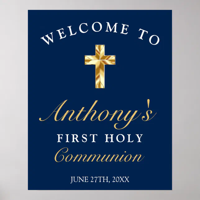 Elegant Blue Gold First Holy Communion Welcome Poster | Zazzle
