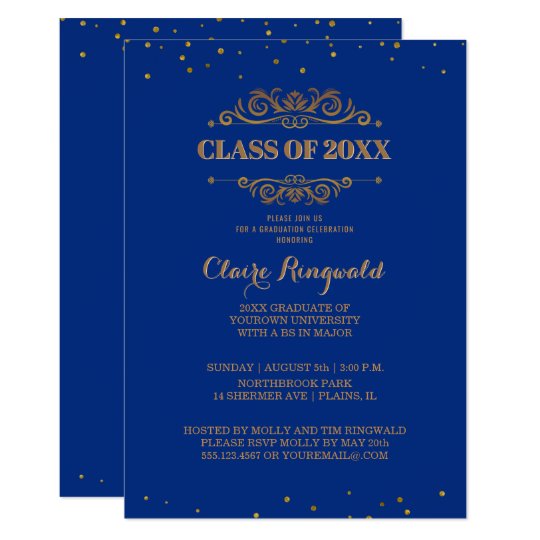 Elegant Blue Gold Formal College Graduation Party Invitation | Zazzle.com