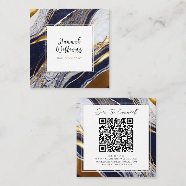 Elegant Blue Gold Glitter QR Code Abstract Marble Square Business Card ...