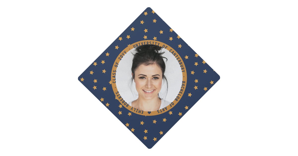 Elegant Blue Gold Glitter Star Modern Photo Graduation Cap Topper | Zazzle