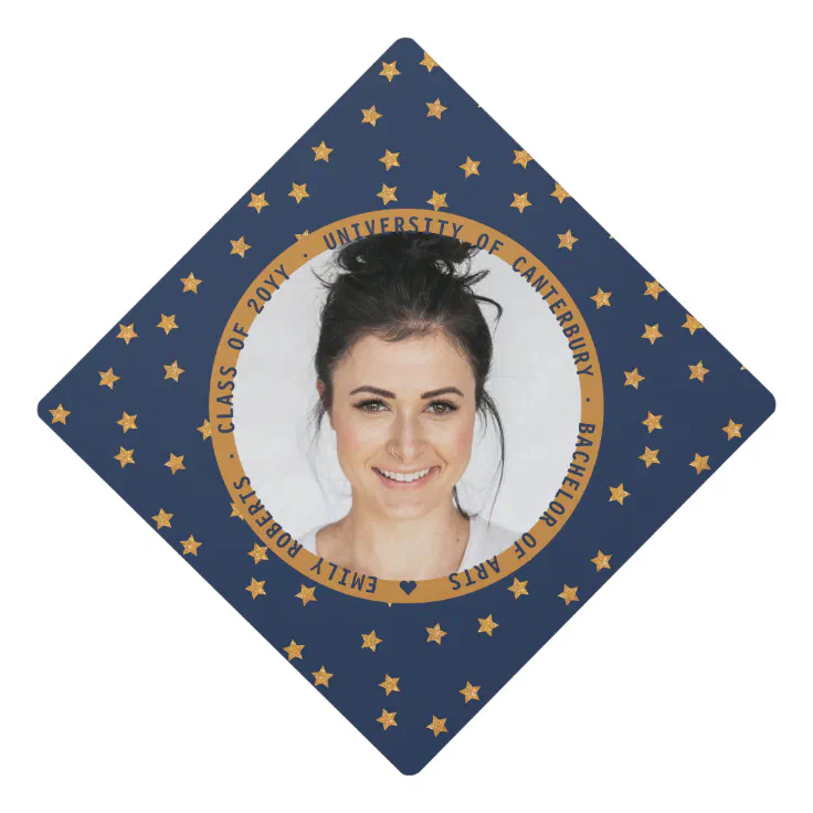 Elegant Blue Gold Glitter Star Modern Photo Graduation Cap Topper | Zazzle