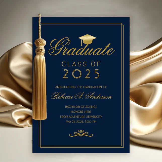 Elegant Blue Gold Grad Cap College Graduation Announcement | Zazzle