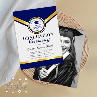 Elegant Blue Gold Graduation Ceremony Invitation | Zazzle