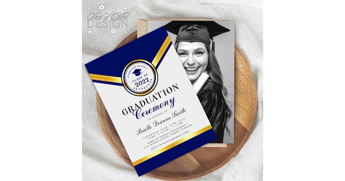 Elegant Blue Gold Graduation Ceremony Invitation | Zazzle