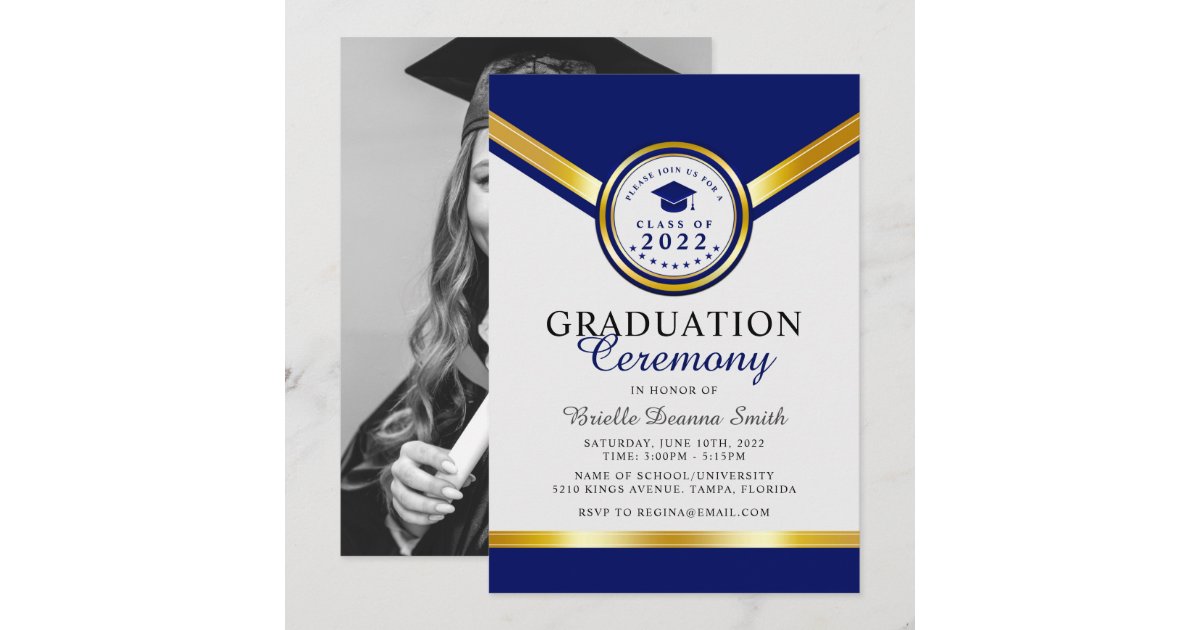 Elegant Blue Gold Graduation Ceremony Invitation | Zazzle