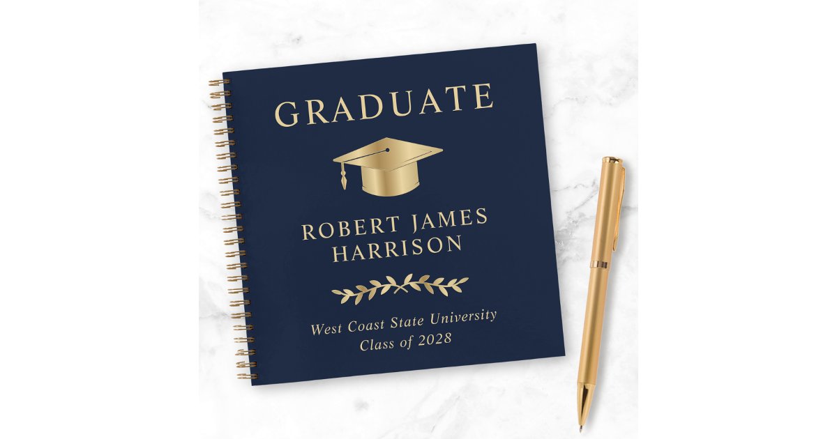 Elegant Blue Gold Graduation Party Guest Book | Zazzle