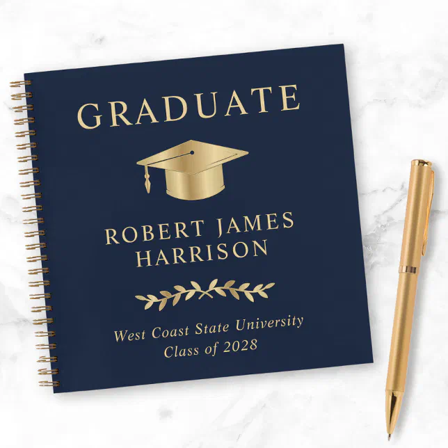 Elegant Blue Gold Graduation Party Guest Book | Zazzle