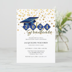 Elegant Blue Gold Graduation Photo Party Invitation | Zazzle