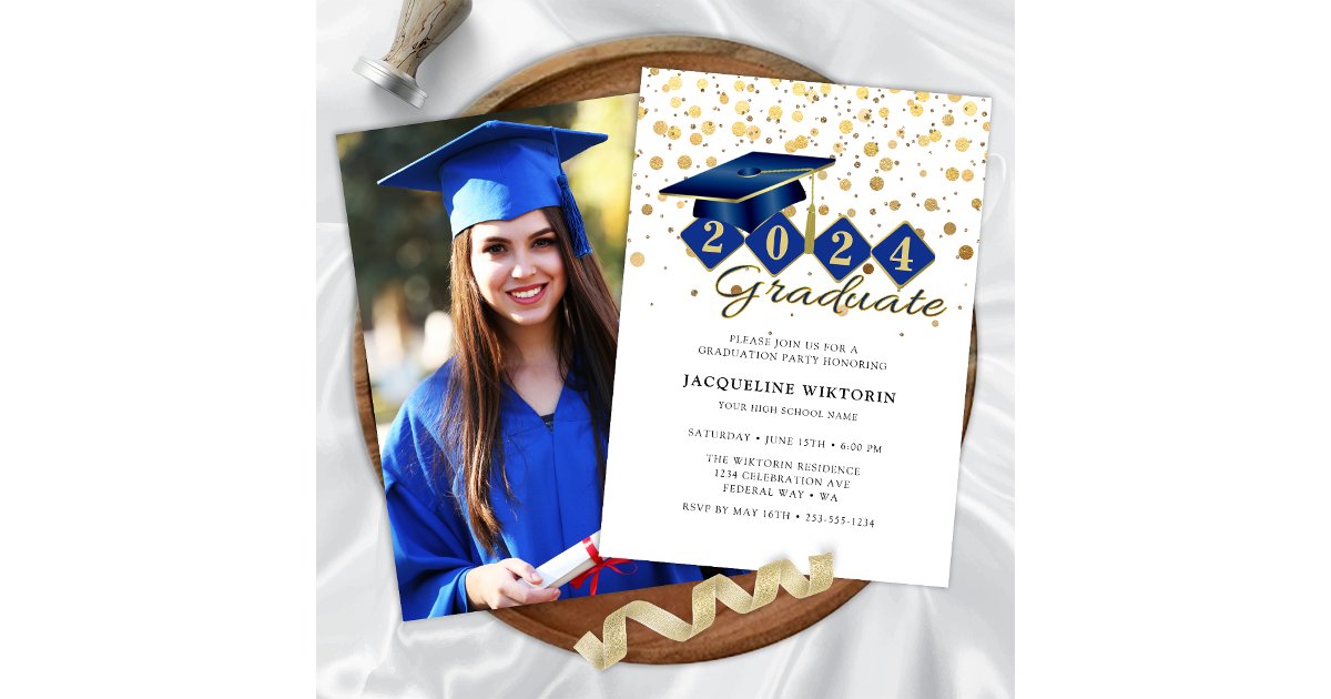 Elegant Blue Gold Graduation Photo Party Invitation | Zazzle