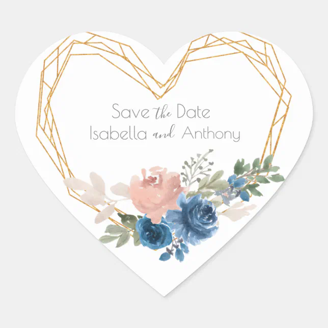 Elegant Blue Gold Heart Floral Names Wedding Heart Sticker | Zazzle
