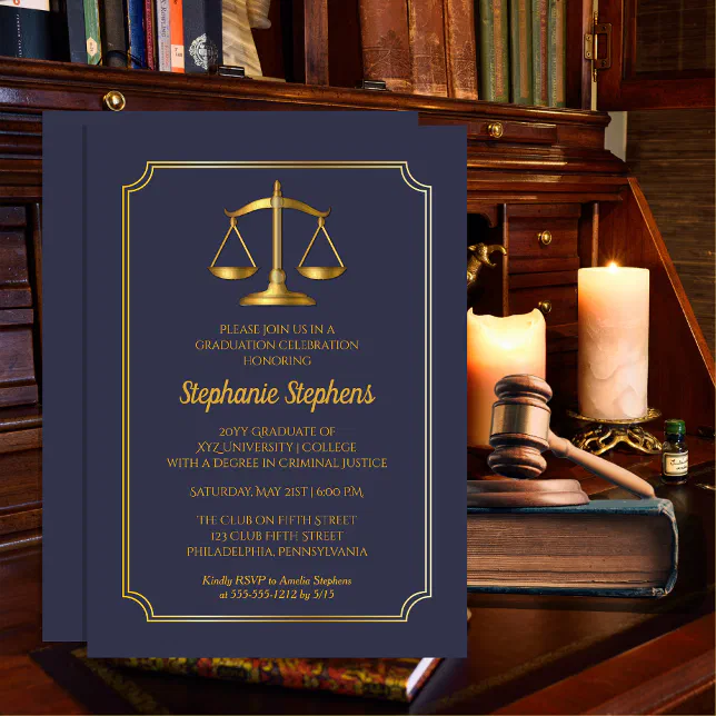Elegant Blue | Gold Law Attorney Graduation Party Invitation | Zazzle