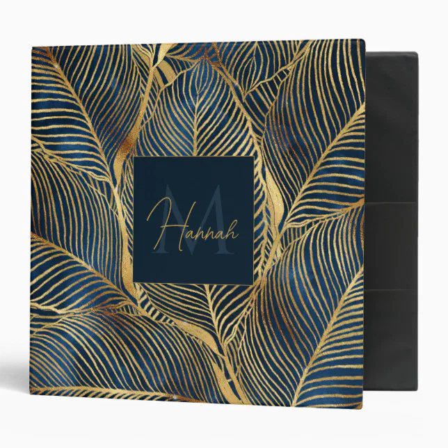 Elegant Blue Gold Leaf Design 3 Ring Binder | Zazzle
