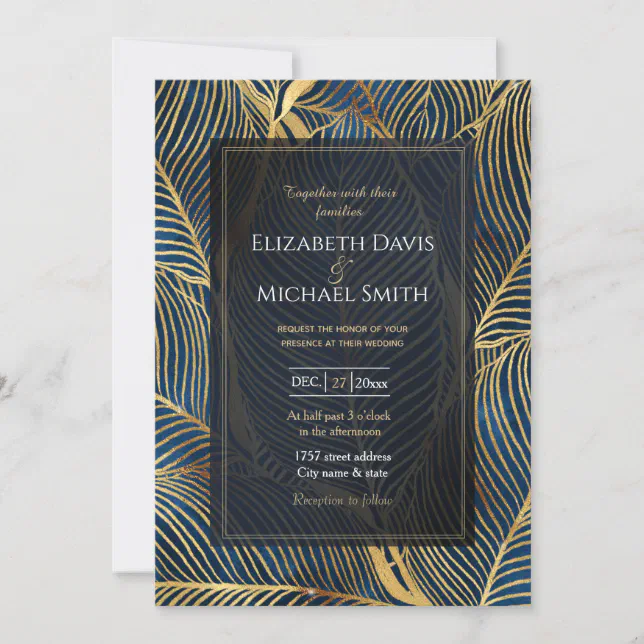 Elegant Blue Gold Leaf Design Invitation | Zazzle