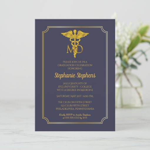 Elegant Blue | Gold MD Physician Graduation Party Invitation | Zazzle