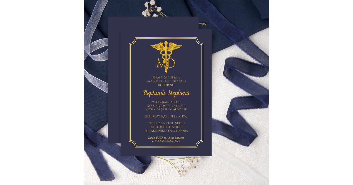 Elegant Blue | Gold MD Physician Graduation Party Invitation | Zazzle