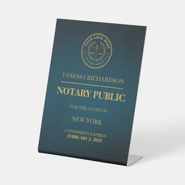 Elegant Blue Gold Notary Public Logo Professional Pedestal Sign | Zazzle