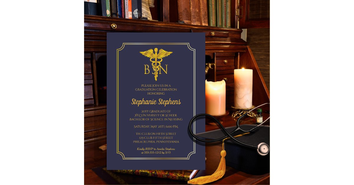Elegant Blue | Gold Nurse BSN Graduation Party Inv Magnetic Invitation ...