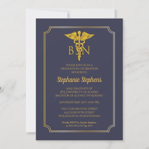 Elegant Blue | Gold Nurse BSN Graduation Party Invitation | Zazzle