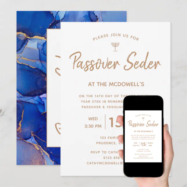 Elegant Blue Gold Passover Seder Invitation | Zazzle
