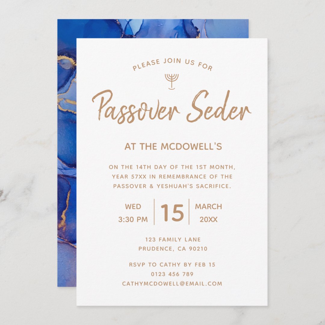 Elegant Blue Gold Passover Seder Invitation | Zazzle