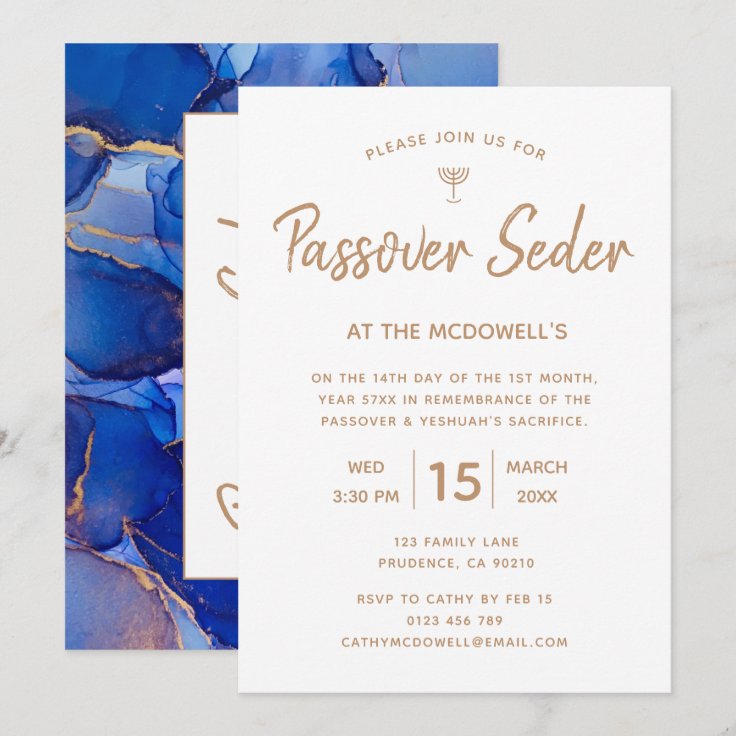 Elegant Blue Gold Passover Seder Invitation | Zazzle