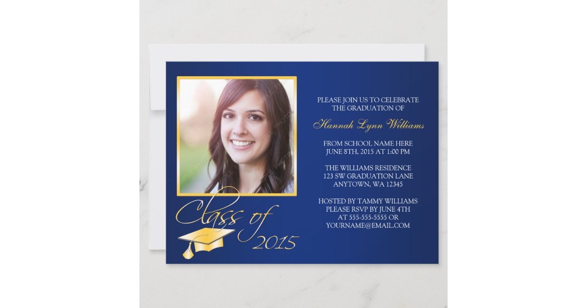 Elegant Blue Gold Photo Graduation Announcement | Zazzle