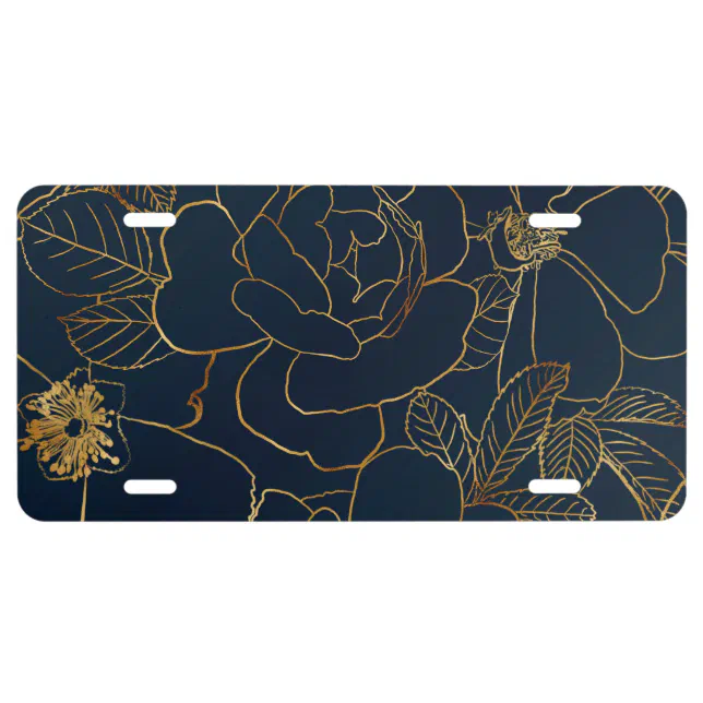 Elegant Blue Gold Roses Floral License Plate | Zazzle