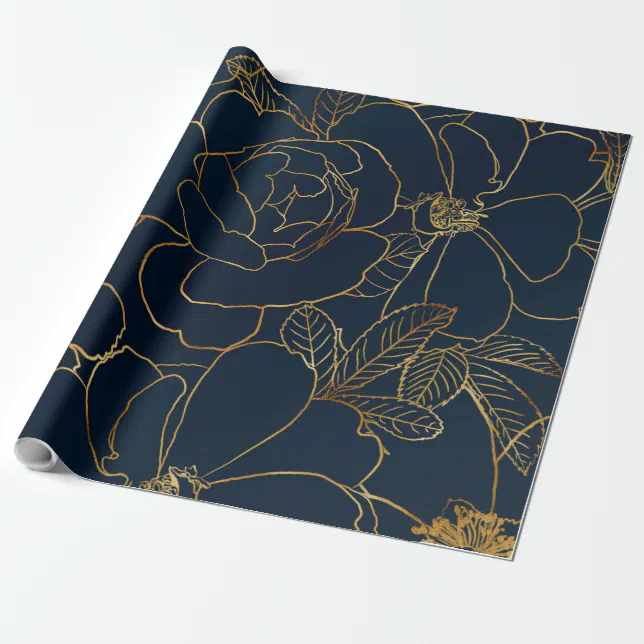 Elegant Blue Gold Roses Floral Wrapping Paper | Zazzle