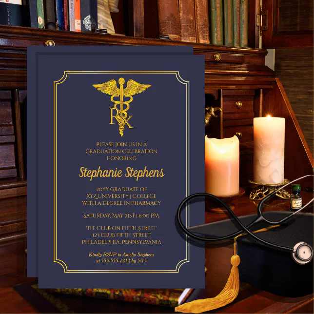 Elegant Blue | Gold Rx Pharmacy Graduation Party Invitation | Zazzle
