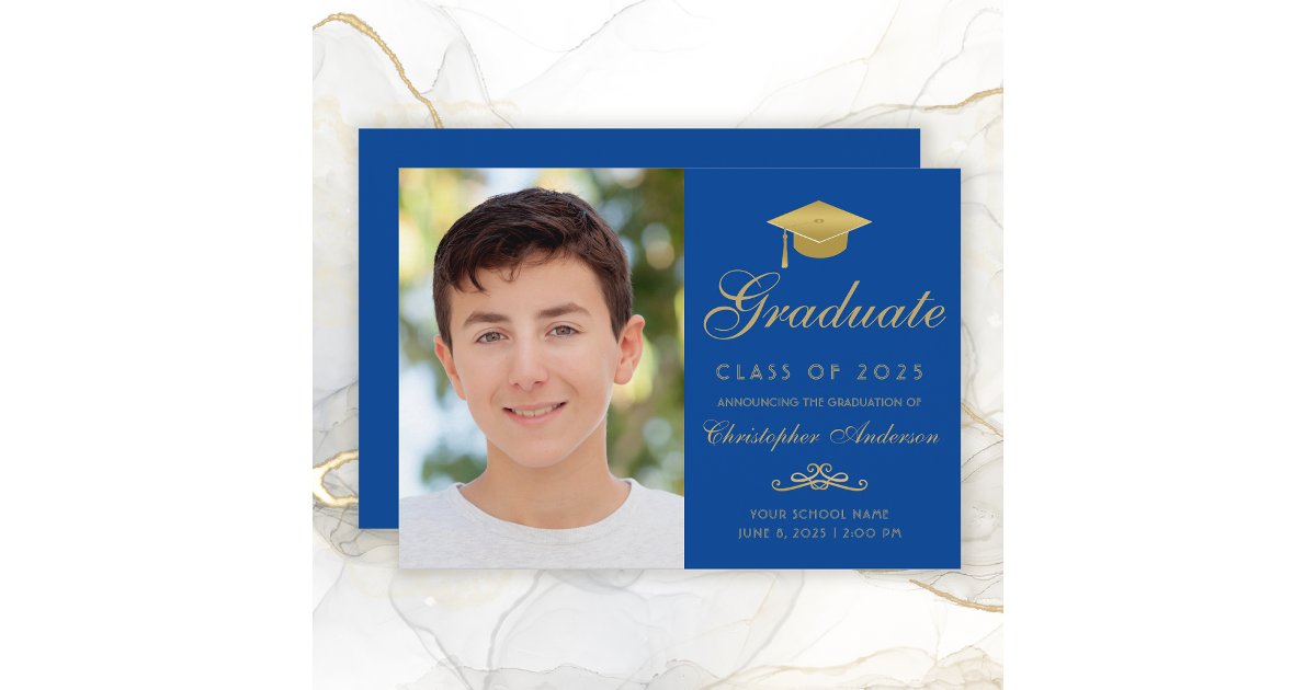 Elegant Blue Gold Script Cap Photo Graduation Announcement | Zazzle