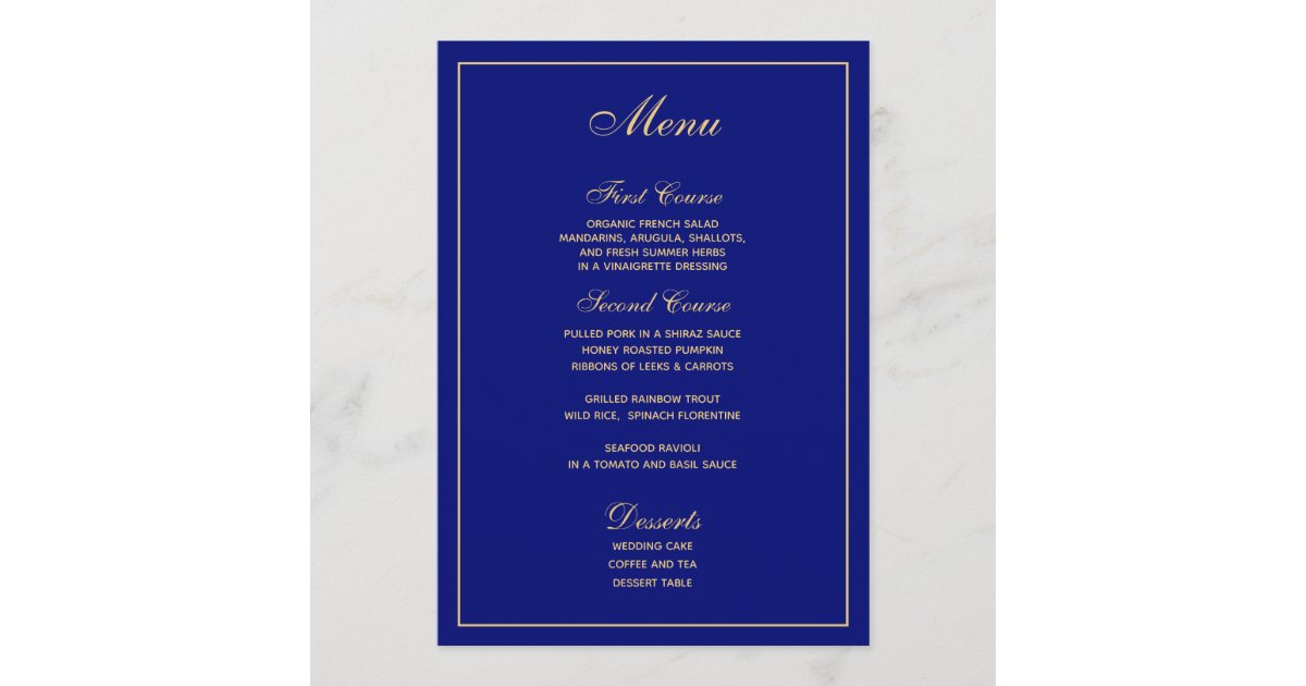 Elegant Blue Gold Script Wedding Menu | Zazzle