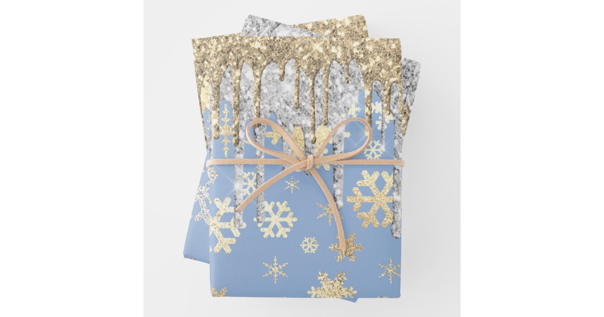 Elegant Blue Gold Silver Christmas Snowflakes Wrapping Paper Sheets ...