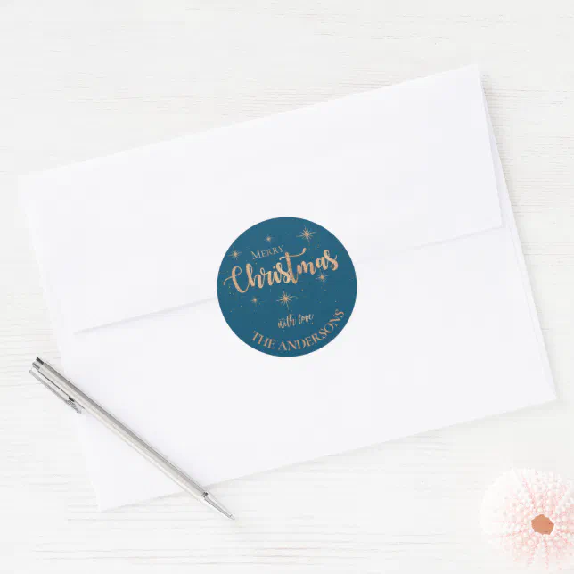Elegant Blue Gold Stars Name Merry Christmas Classic Round Sticker | Zazzle