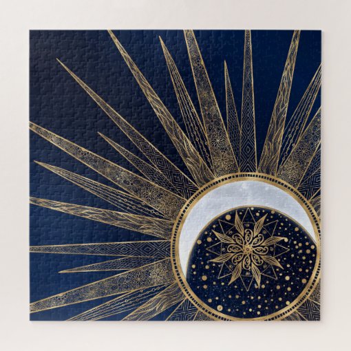 Elegant Blue Gold Sun Moon Mandala Jigsaw Puzzle | Zazzle