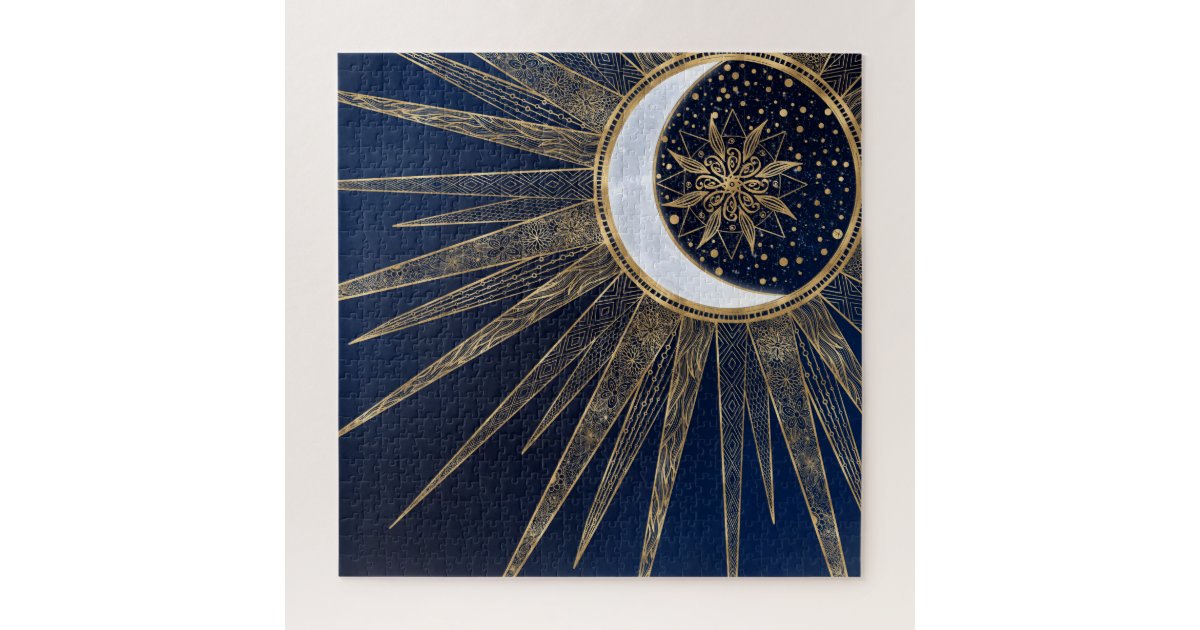 Elegant Blue Gold Sun Moon Mandala Jigsaw Puzzle | Zazzle