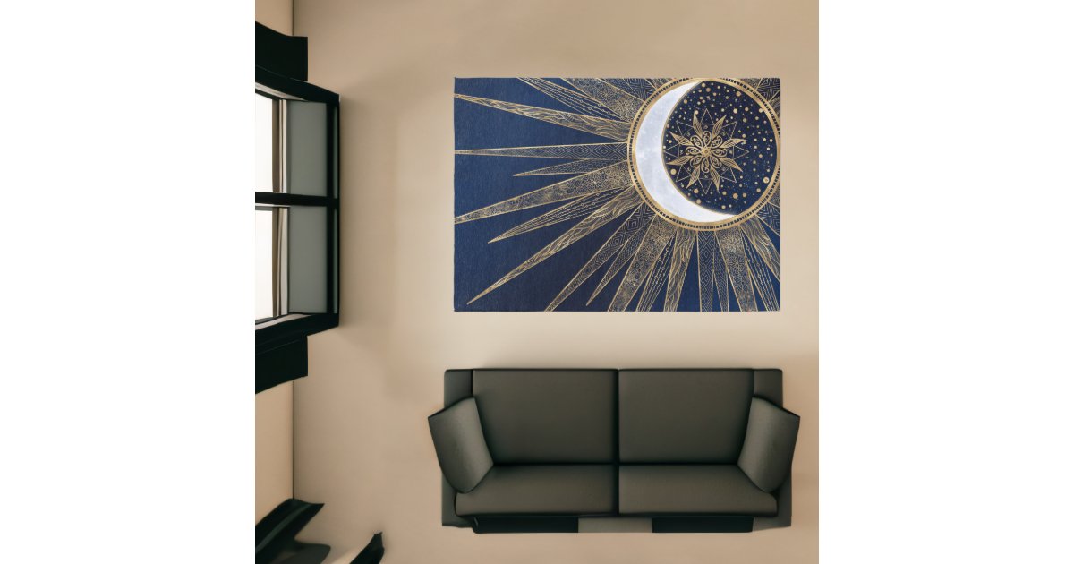 Elegant Blue Gold Sun Moon Mandala Rug | Zazzle