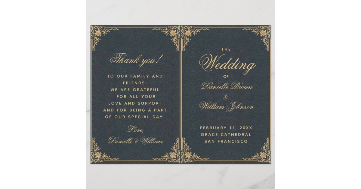 Elegant Blue Gold Vintage Folded Wedding Program | Zazzle