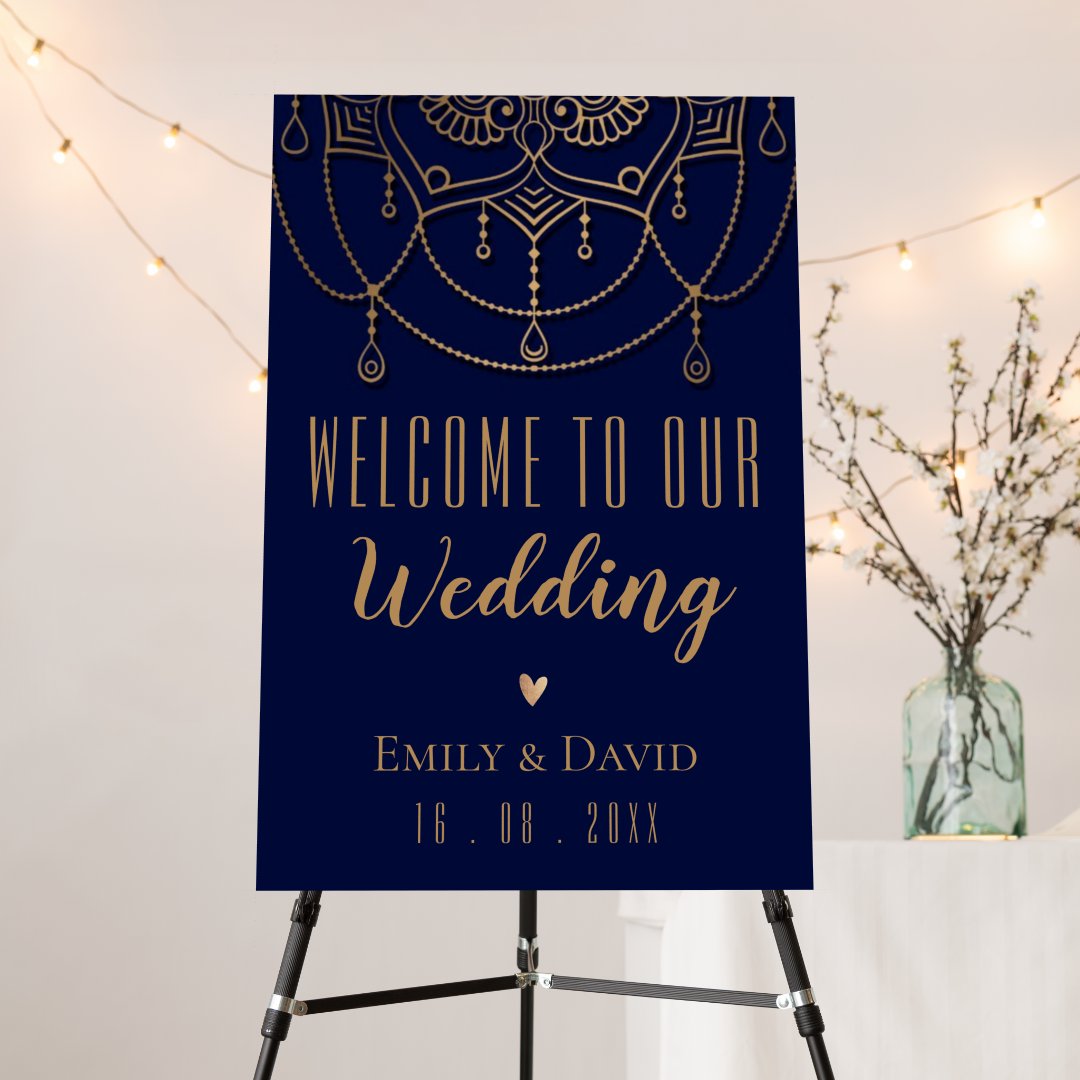 Elegant Blue Gold Welcome To The Wedding Sign | Zazzle