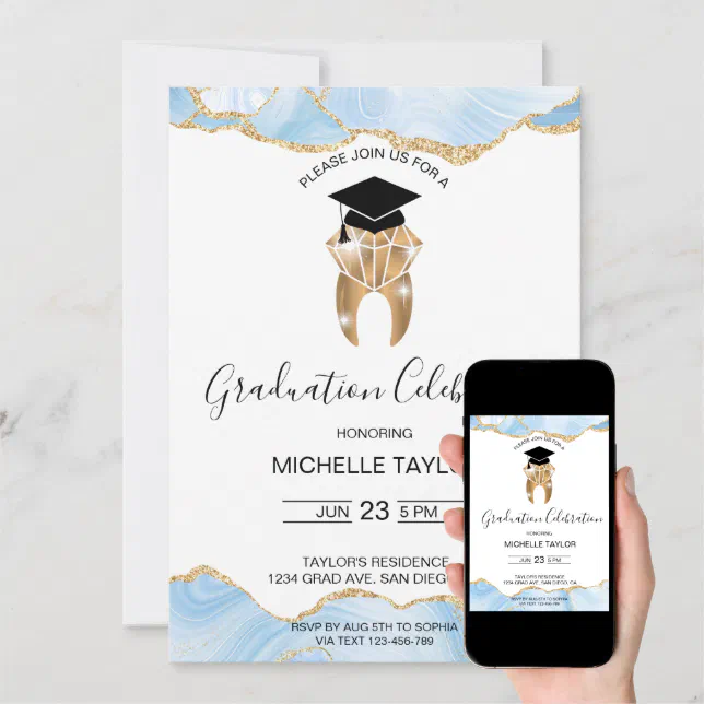 Elegant Blue Grad Dental Dentist Graduation Party Invitation | Zazzle