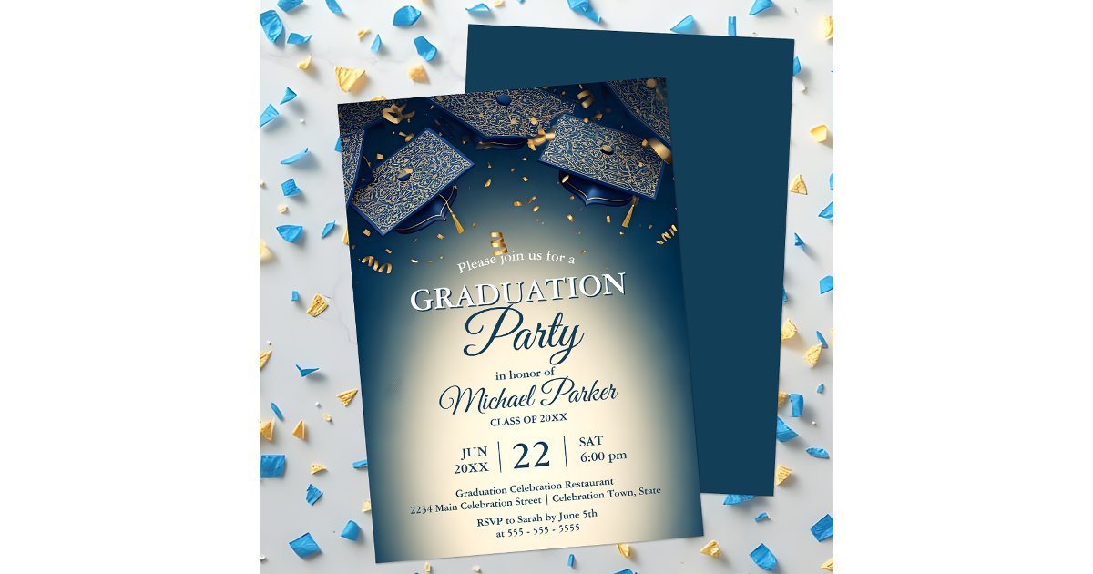 Elegant Blue Graduation Caps with Gold Confetti Invitation | Zazzle