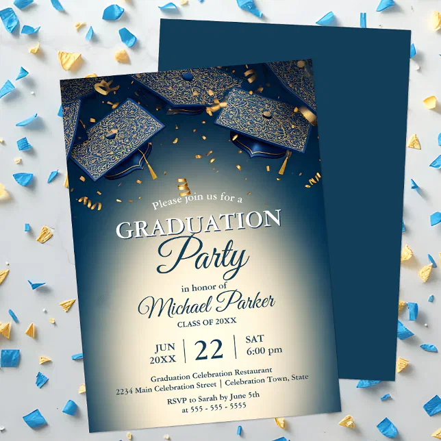 Elegant Blue Graduation Caps with Gold Confetti Invitation | Zazzle
