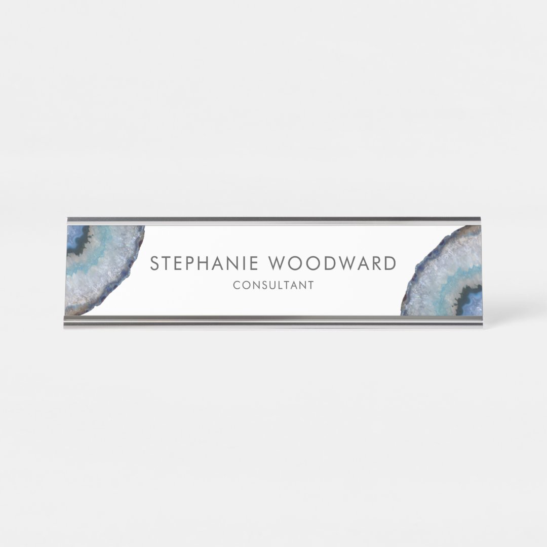 Elegant Blue Gray Agate Geode Desk Name Plate | Zazzle