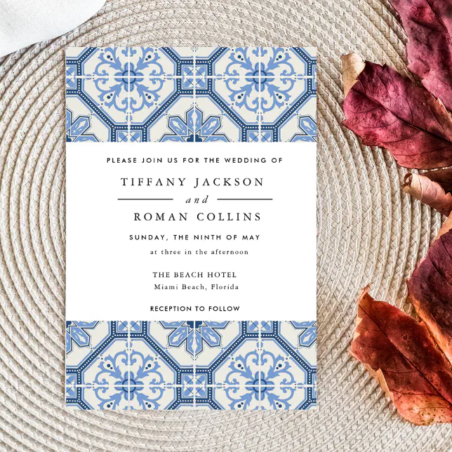 Elegant Blue Greek Tile Wedding Invitation | Zazzle